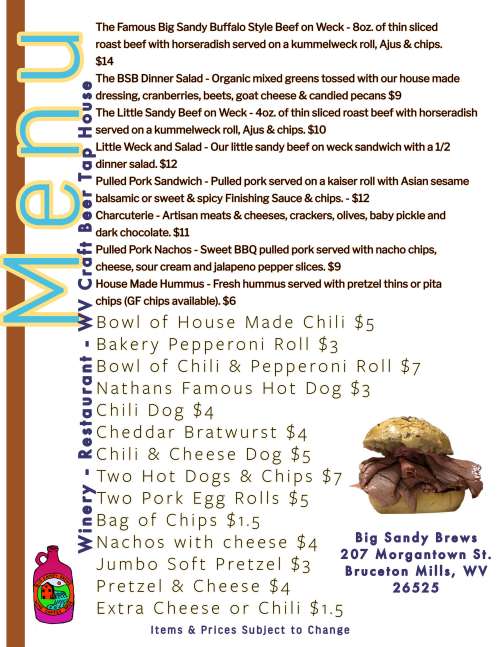 Big Sandy Brews menu in Bruceton Mills, West Virginia, USA