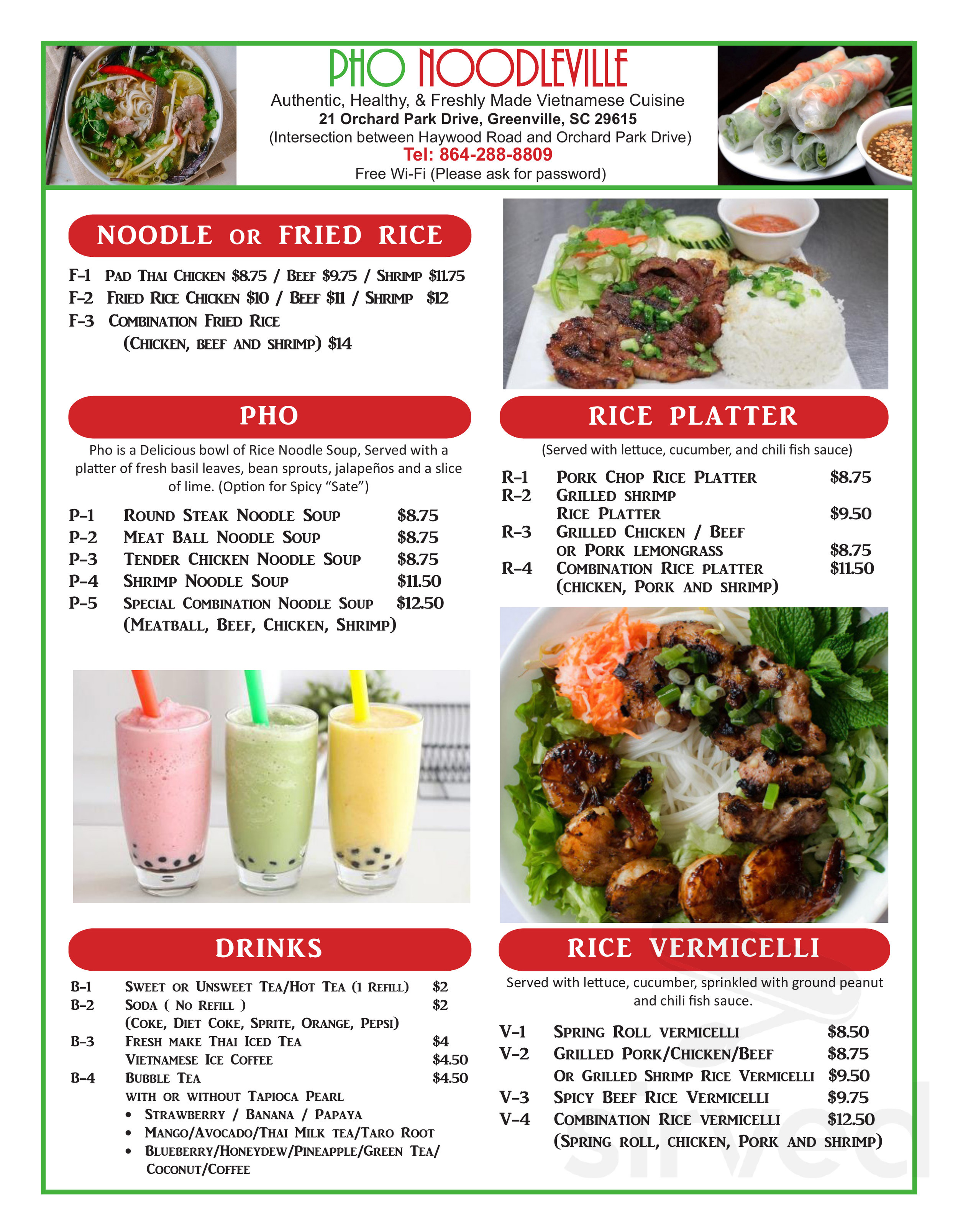 Pho Noodleville menu in Greenville, South Carolina, USA