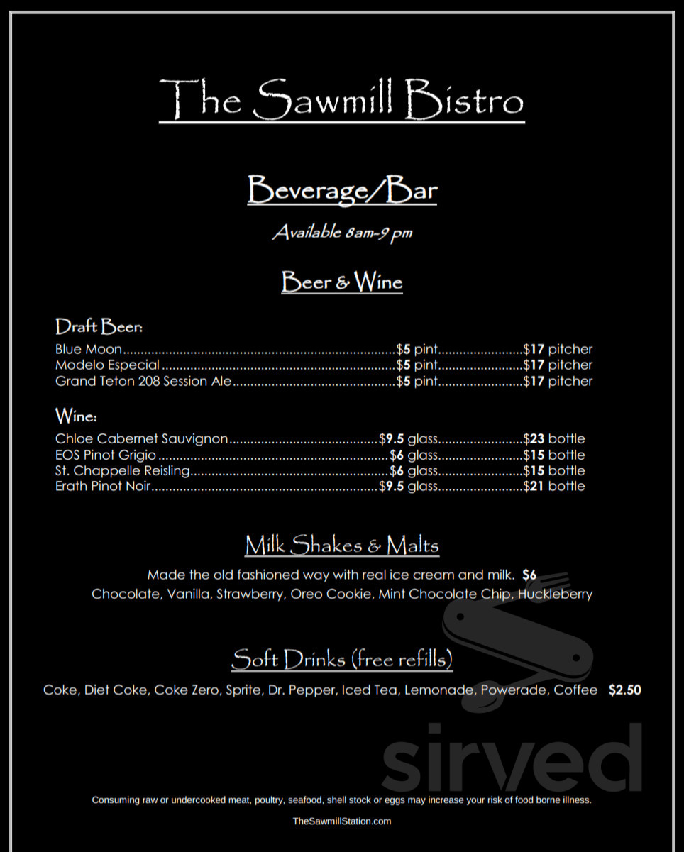 The Sawmill Station menu in Clayton, Idaho, USA