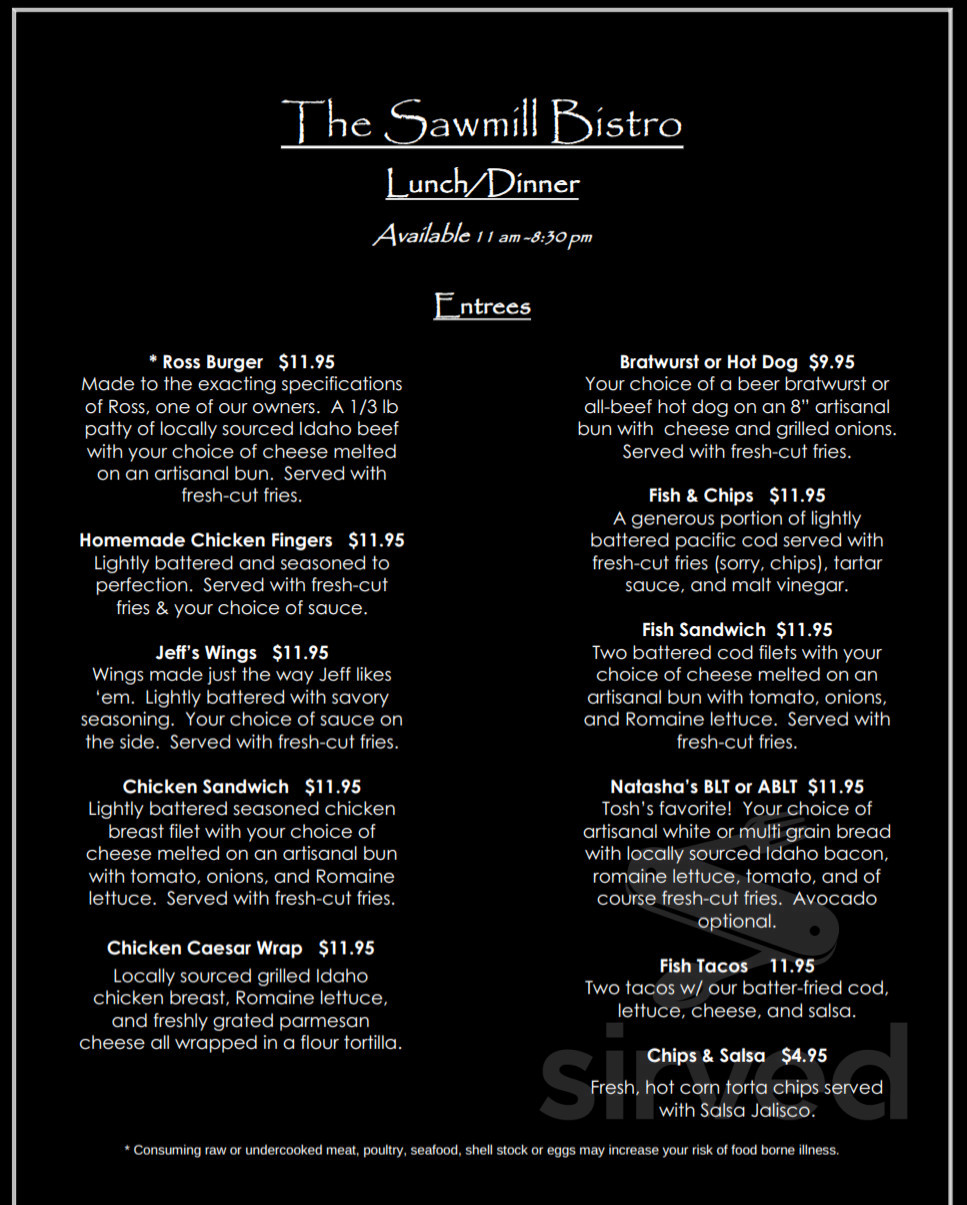 The Sawmill Station menu in Clayton, Idaho, USA