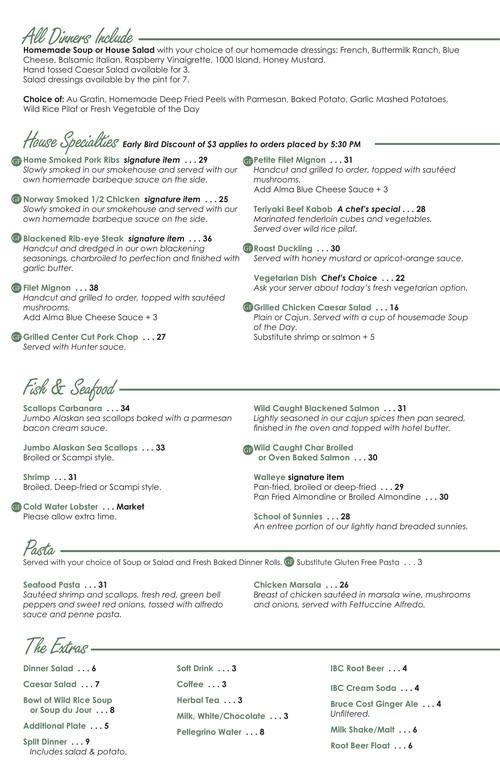 Norway Ridge Supper Club menu in Pequot Lakes, Minnesota, USA