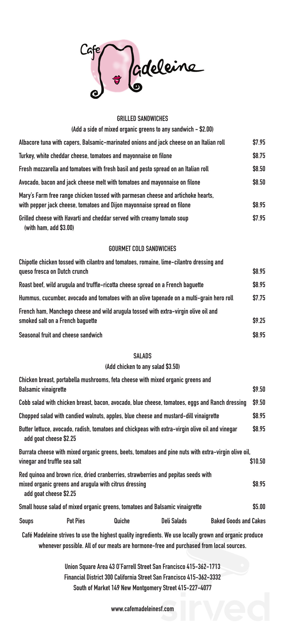 Cafe Madeleine menu in San Francisco, California, USA