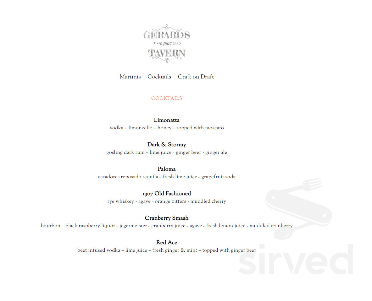 Gerard's 1907 Tavern menu in Bowling Green, Kentucky, USA