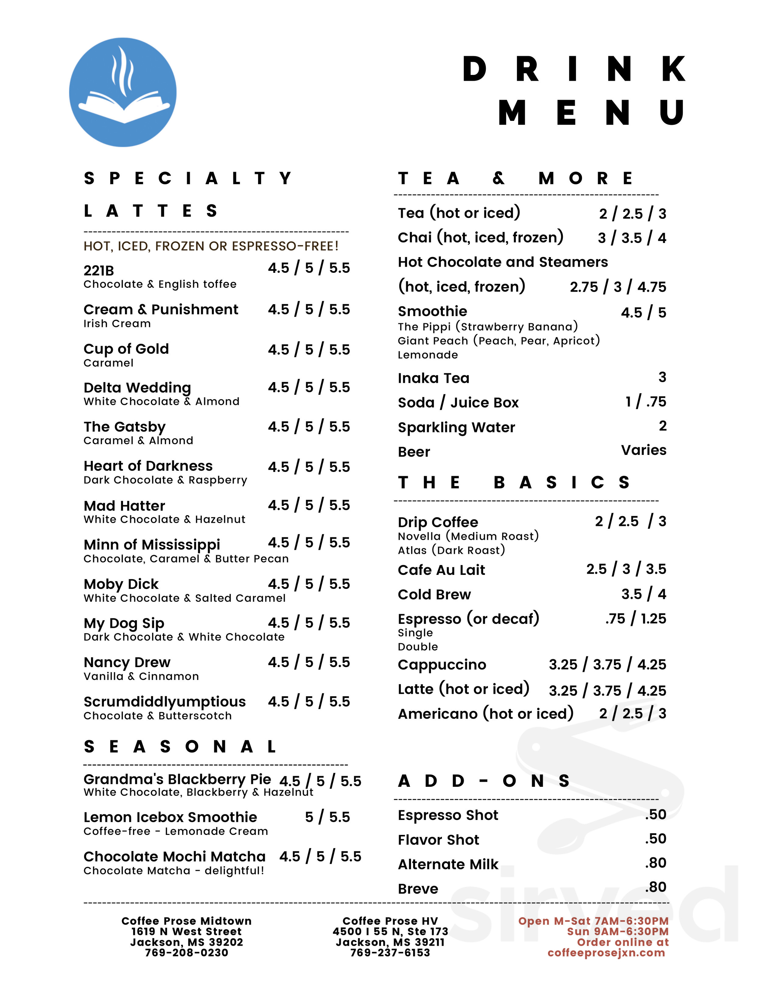 Coffee Prose Midtown menu in Jackson, Mississippi, USA