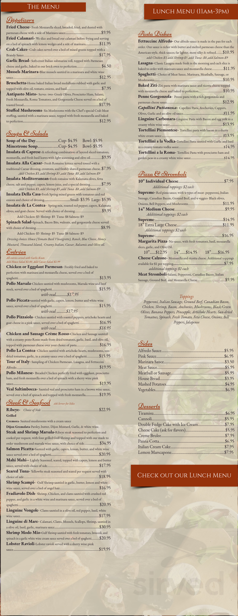 Menu for La Contea Italiano Ristorante in Baton Rouge, LA | Sirved