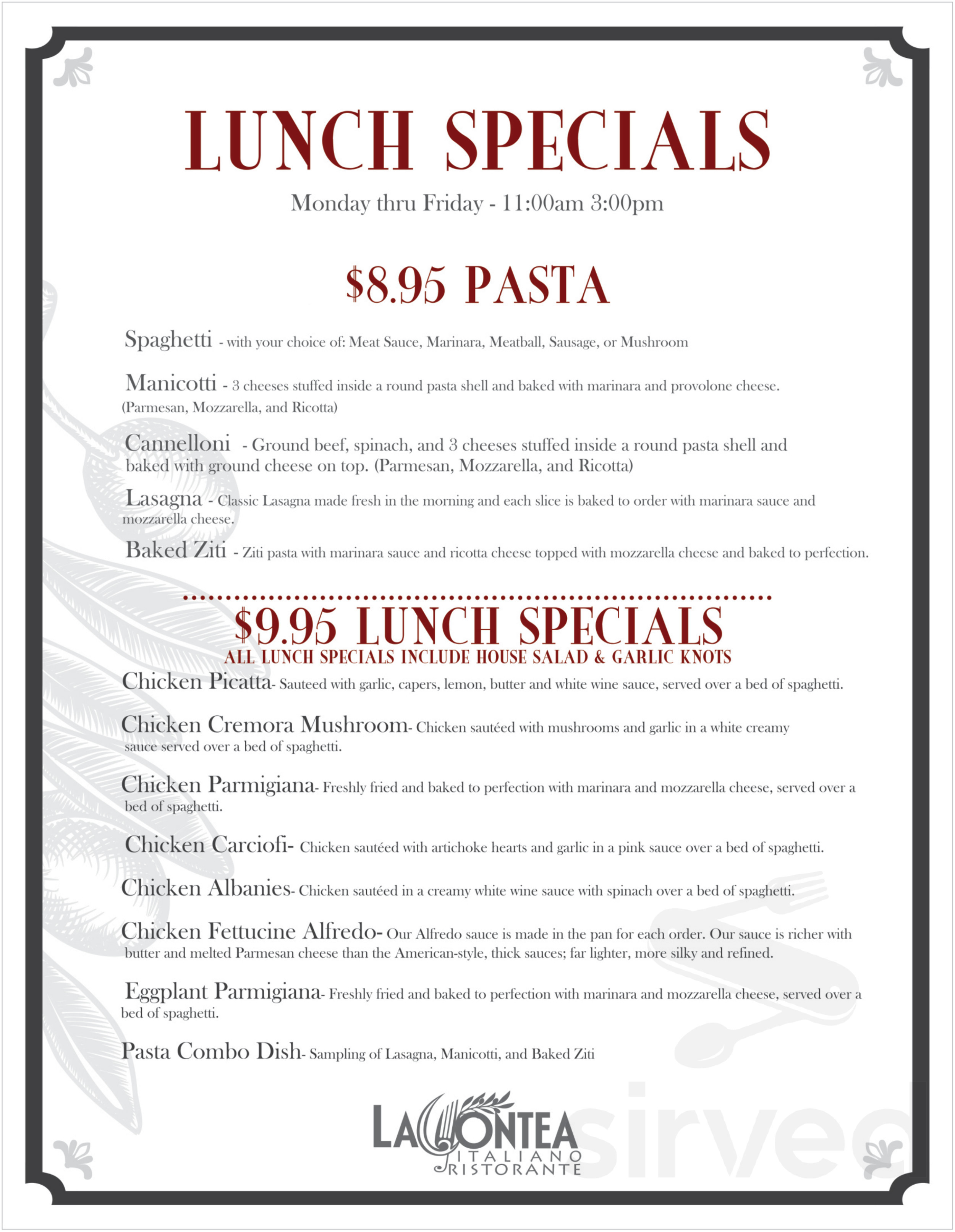 Menu for La Contea Italiano Ristorante in Baton Rouge, LA | Sirved