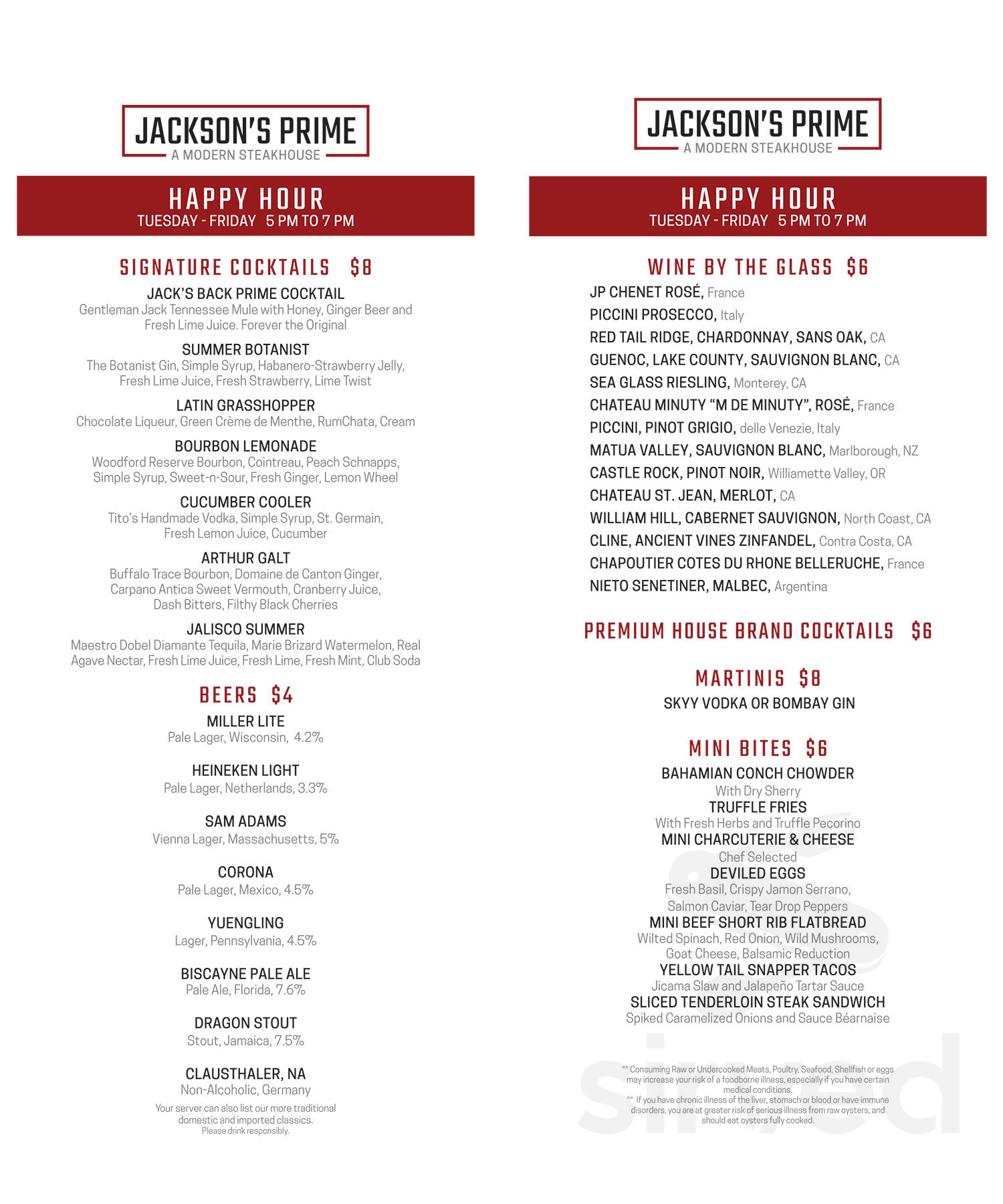 Jackson's Prime menu in Fort Lauderdale, Florida, USA