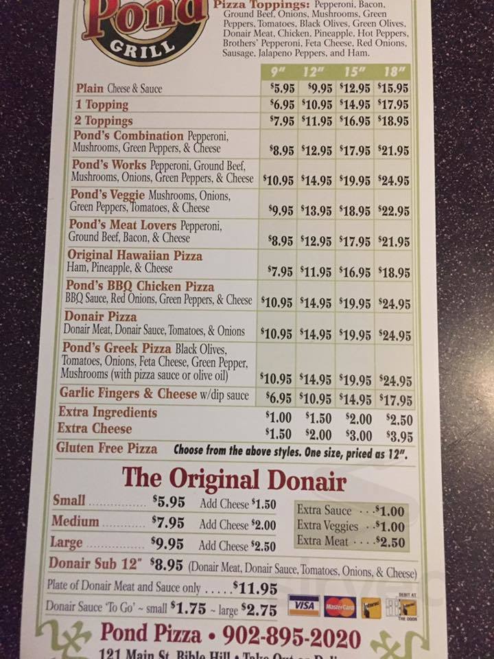Menu for The Pond Classic Grill in Truro, Nova Scotia, Canada