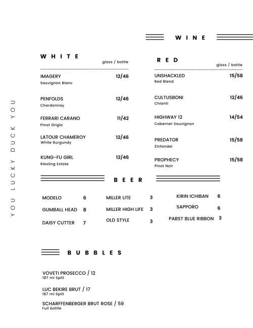 Lucky Duck menu in Lake Forest, Illinois, USA
