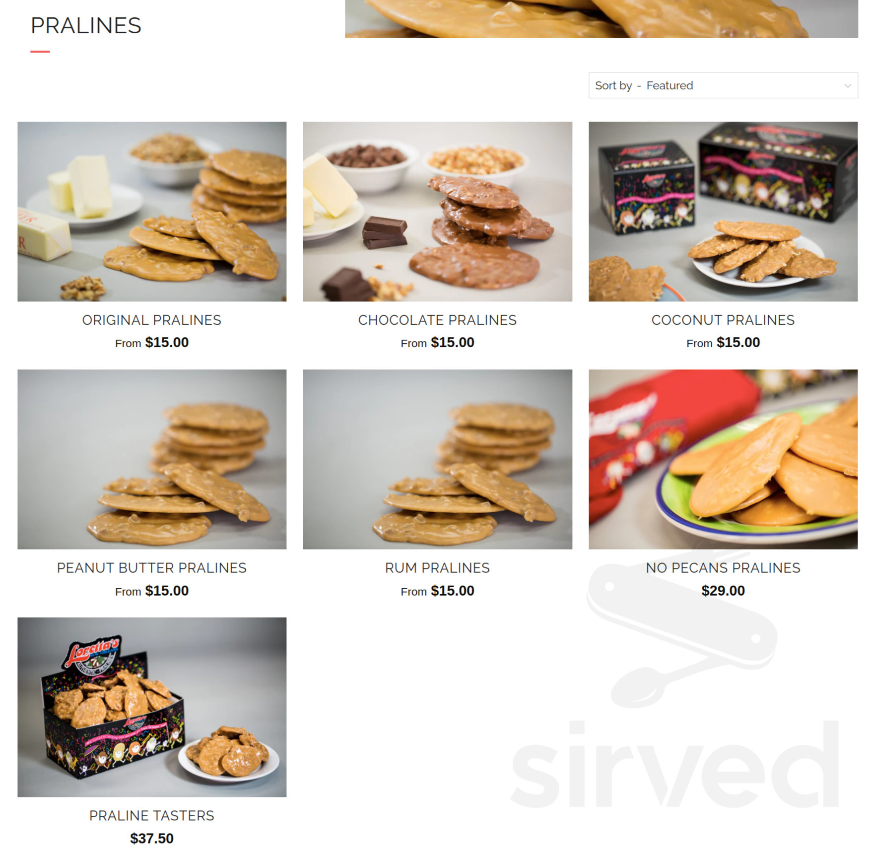 Loretta's Authentic Pralines menu in New Orleans, Louisiana, USA