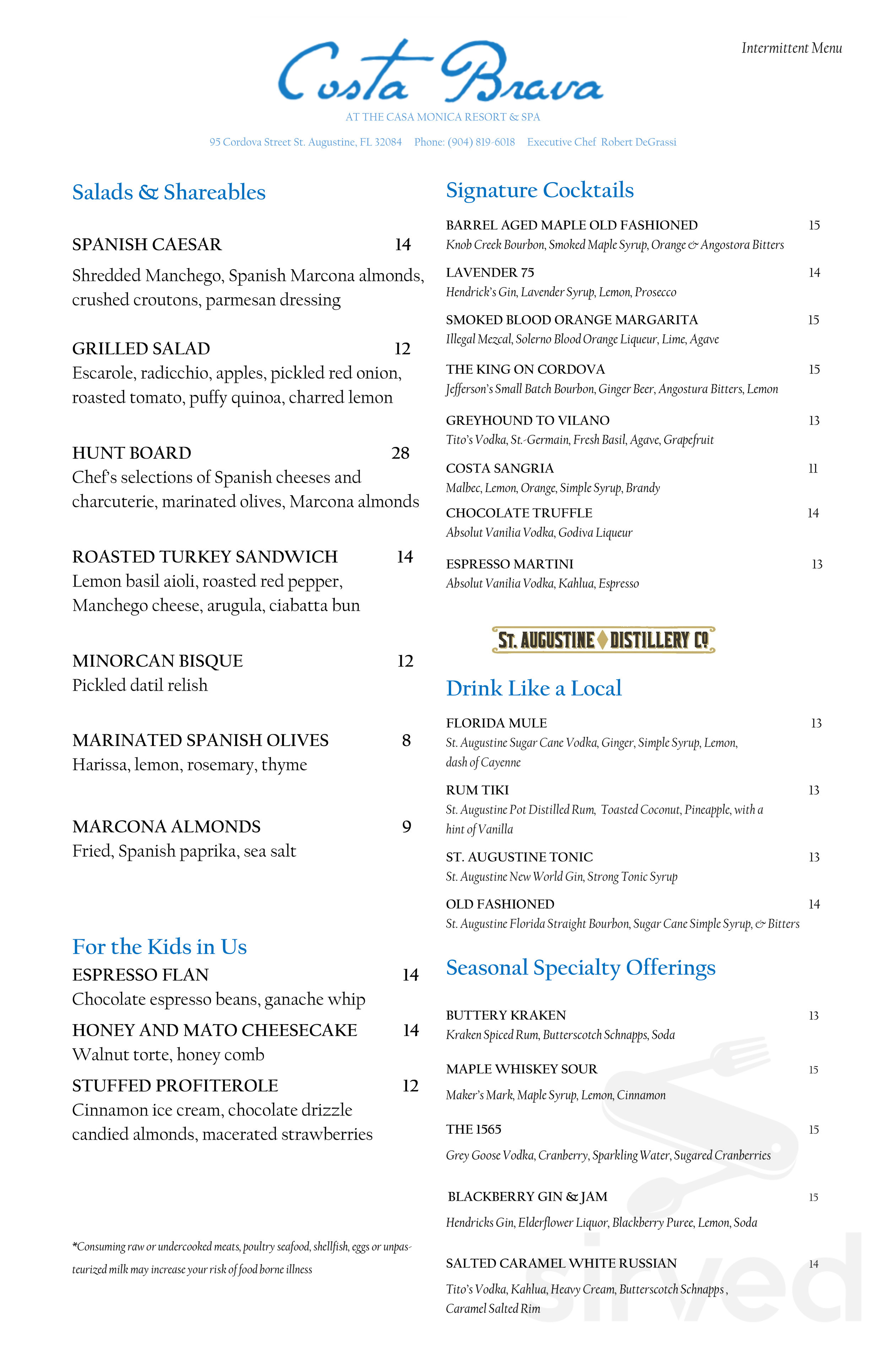 Costa Brava menu in St. Augustine, Florida, USA