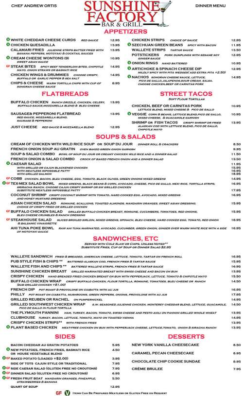 Sunshine Factory menu in Plymouth, Minnesota, USA
