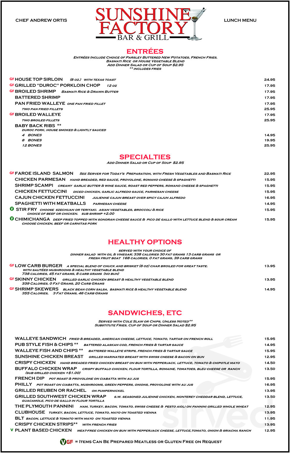 Sunshine Factory menu in Plymouth, Minnesota, USA