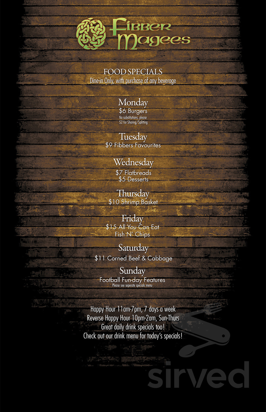 Fibber Magees menu in Chandler, Arizona, USA