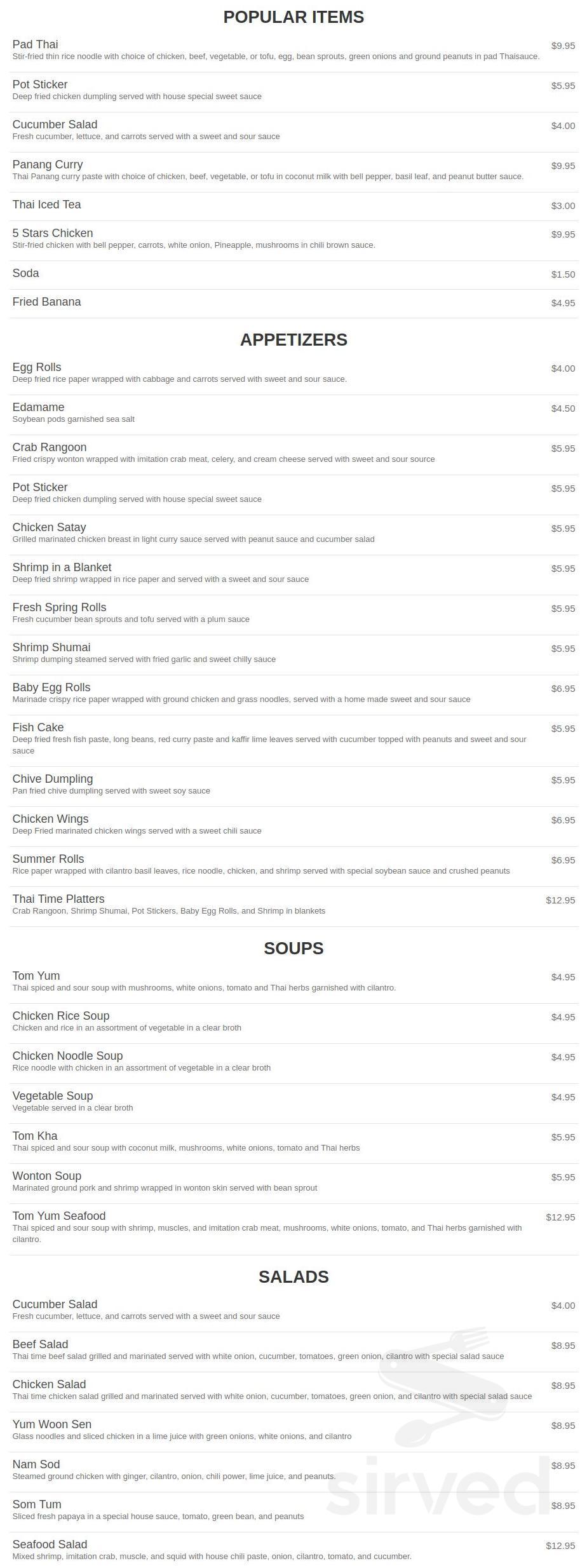 Thai Time menu in Forest Park, Illinois, USA