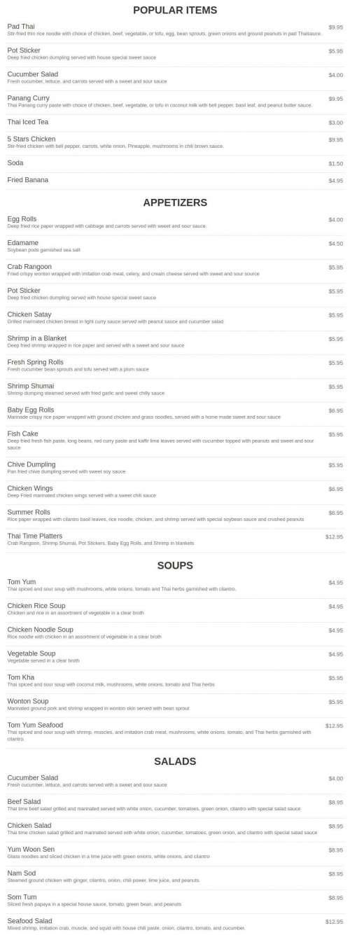 Thai Time menu in Forest Park, Illinois, USA