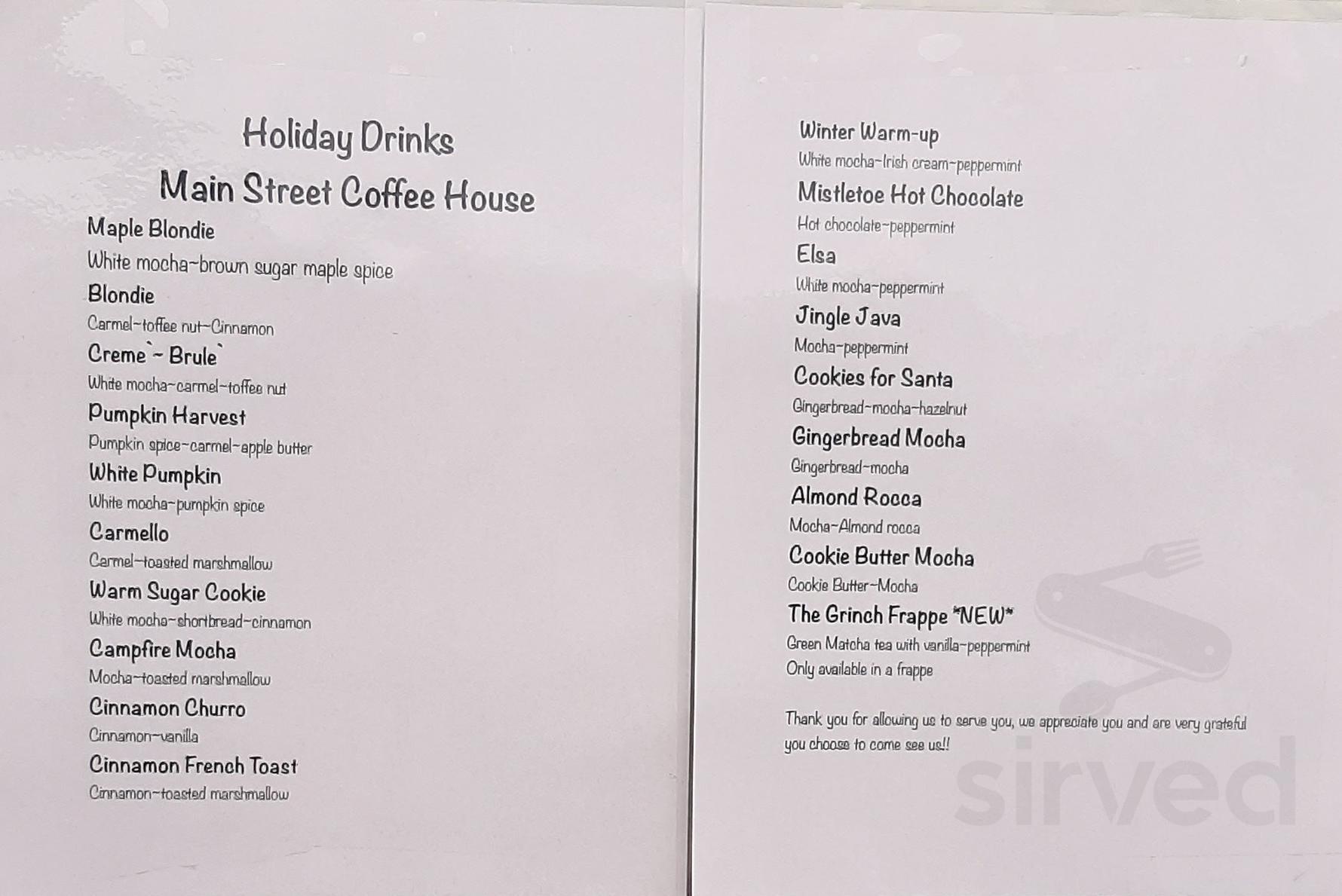 Main Street Coffee House Menu In Hallsville Texas USA