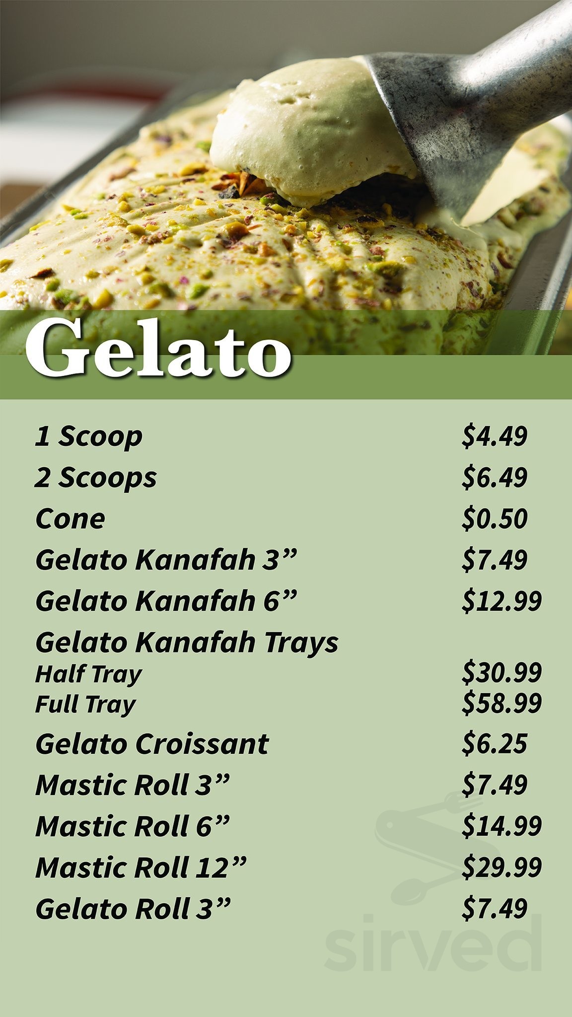 Mastic Gelato menu in Orland Park, Illinois, USA