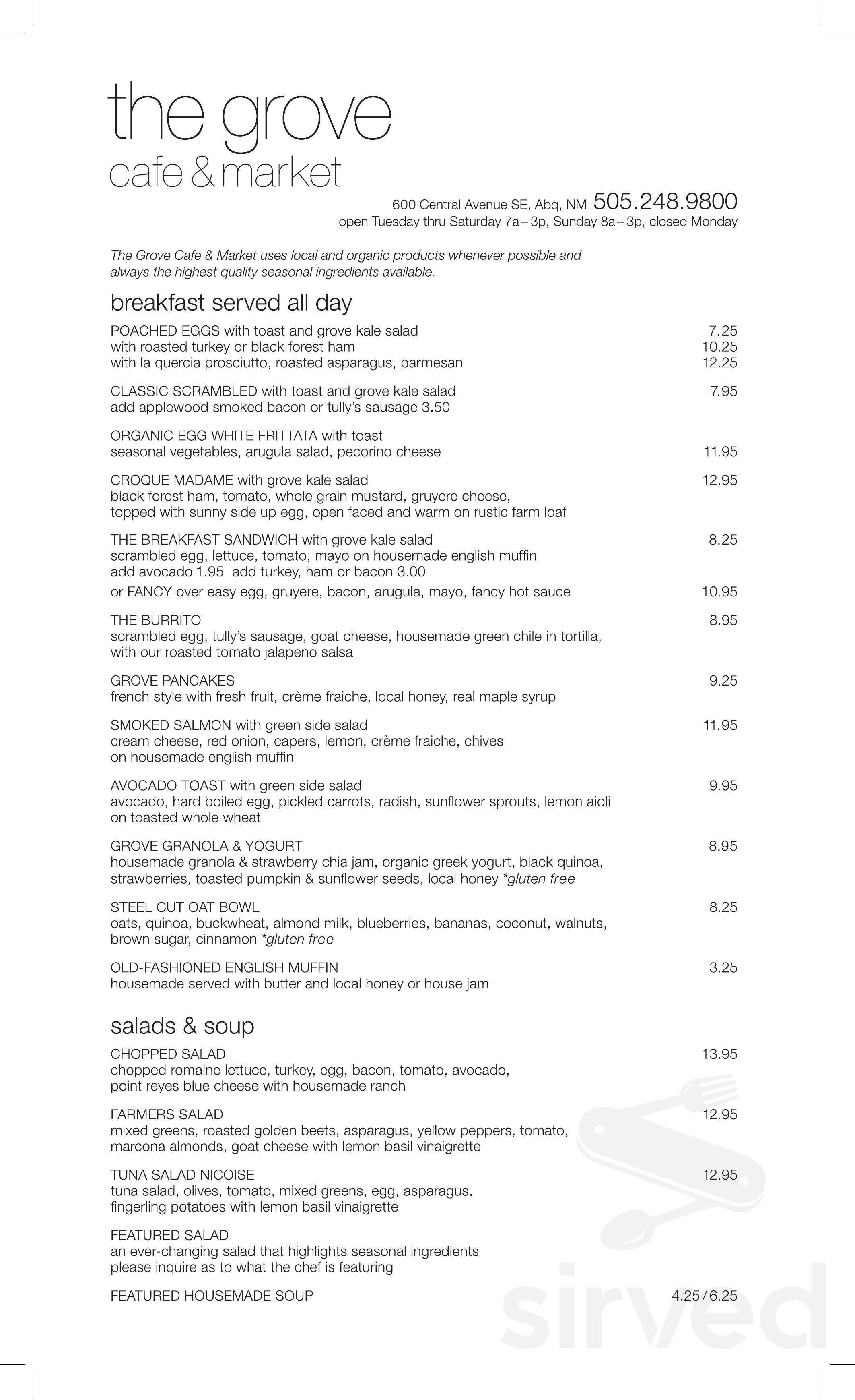 Menu for The Grove Cafe & Market in Albuquerque, NM | Sirved