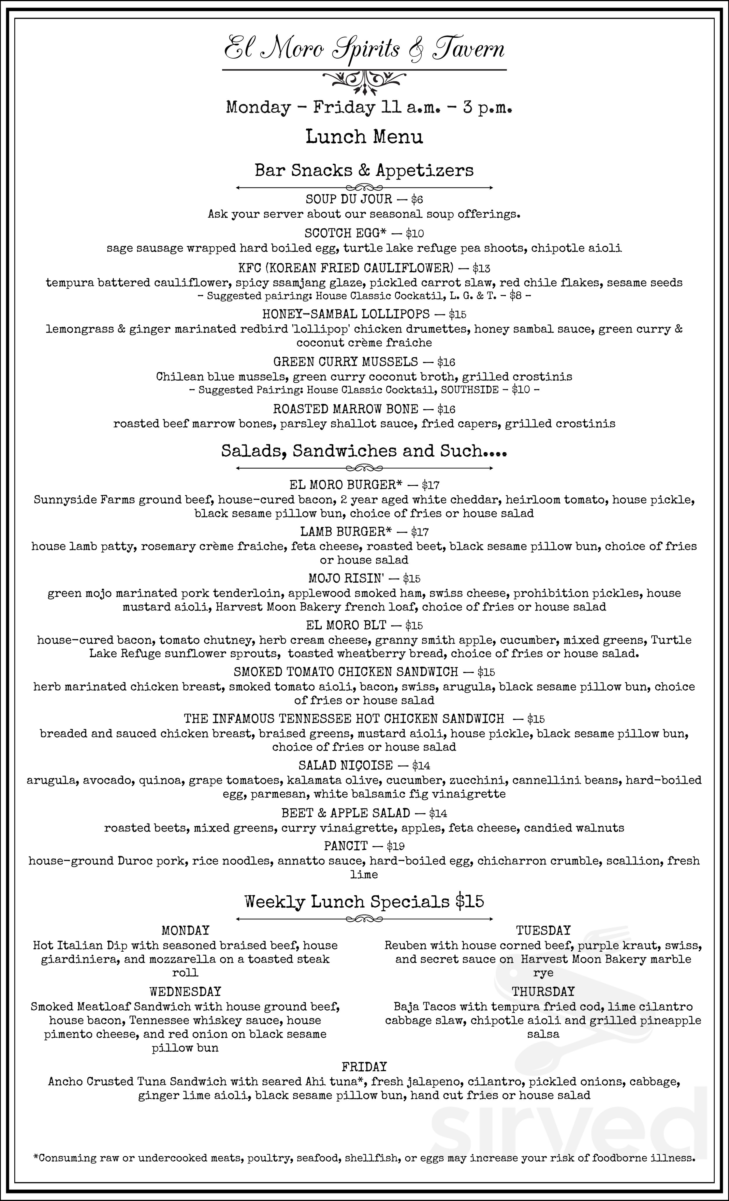 Menu - Durango CO's El Moro Spirits and Tavern | Sirved