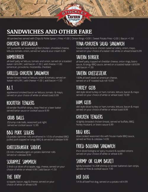 Stockley Tavern menu in Georgetown, Delaware, USA