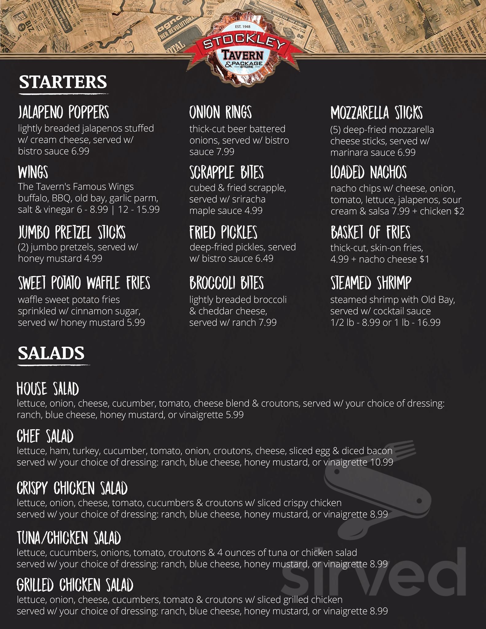Stockley Tavern menu in Georgetown, Delaware, USA