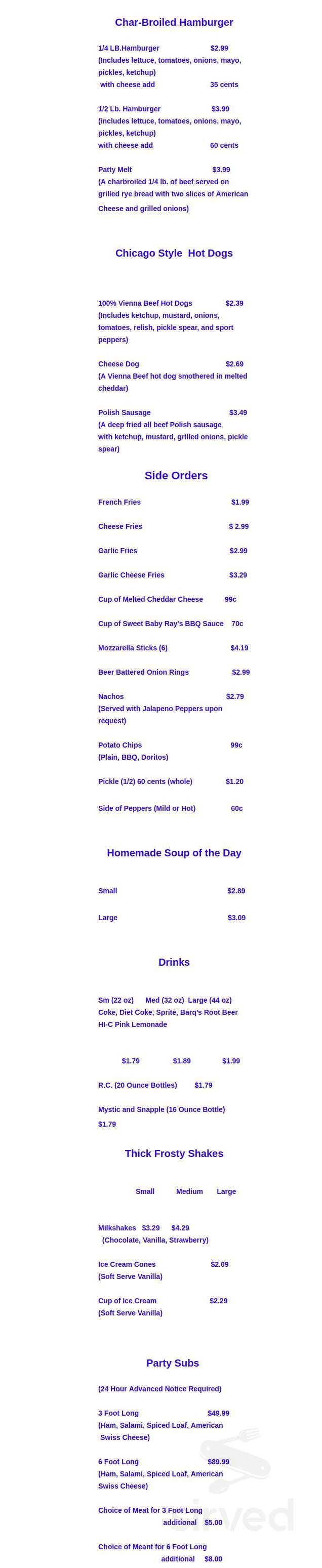The Submarine Port menu in Midlothian, Illinois, USA