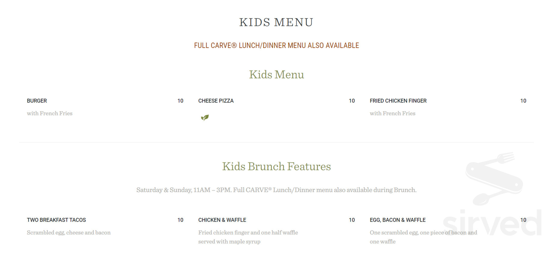 CARVE American Grille menu in Austin, Texas, USA