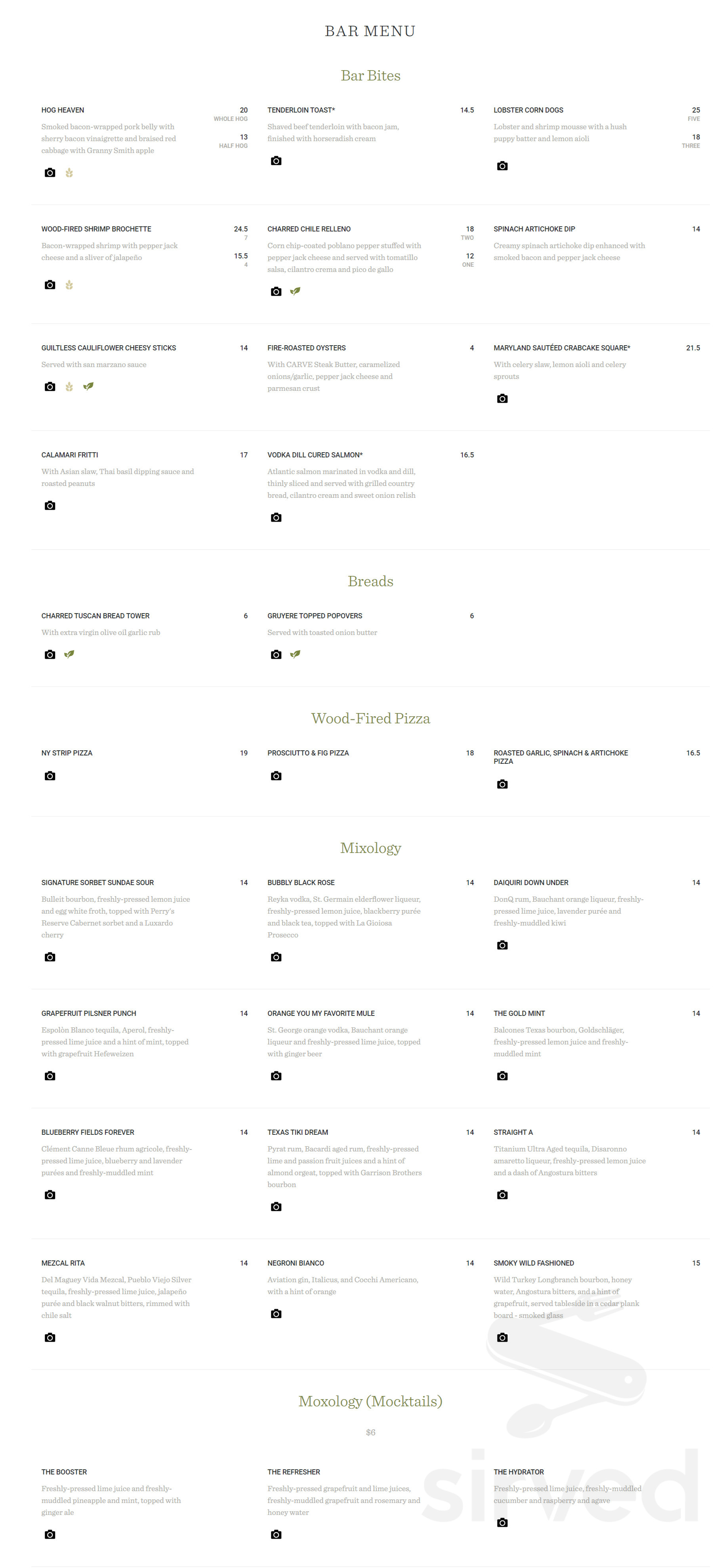 CARVE American Grille menu in Austin, Texas, USA