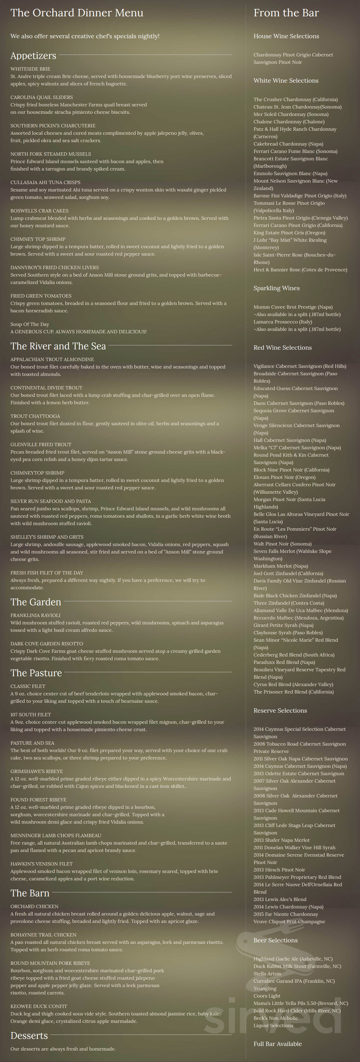 Menu - Cashiers NC's The Orchard Restaurant, Events Barn & Guest ...