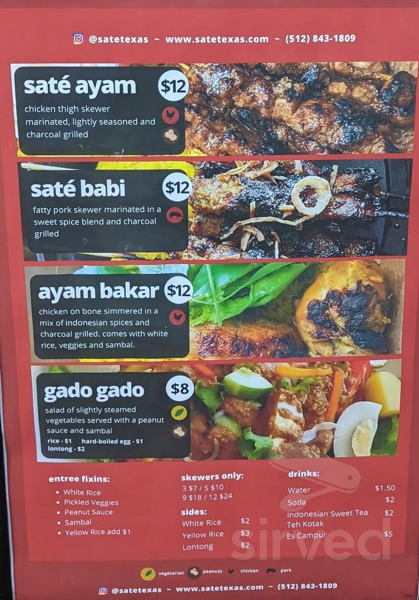 Sate Texas Indonesian BBQ menu in Austin, Texas, USA