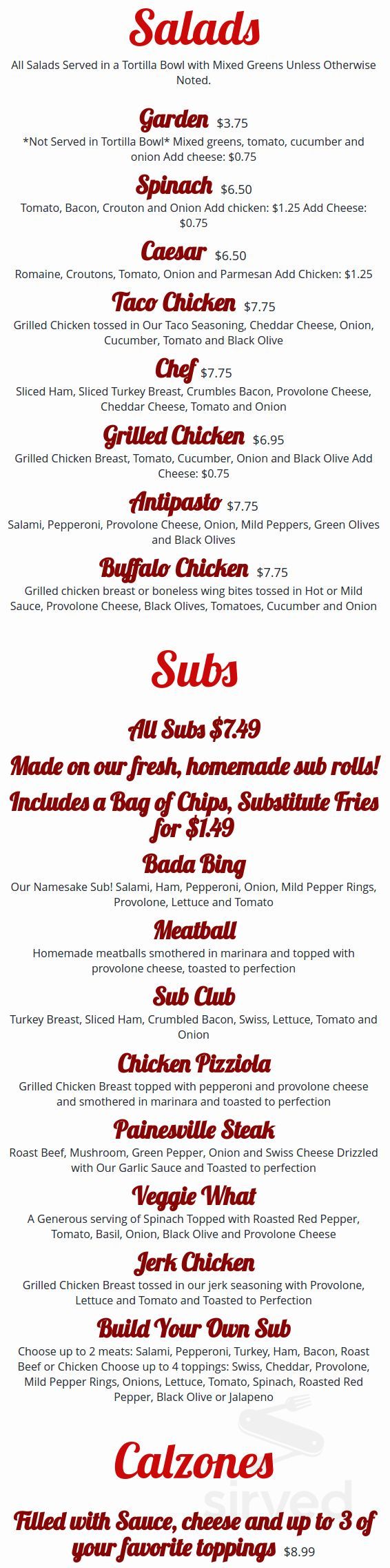 Bada Bing Pizza menu in Painesville, Ohio, USA