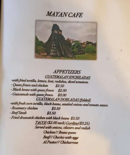 Mayan Cafe menu in Bonita Springs, Florida, USA