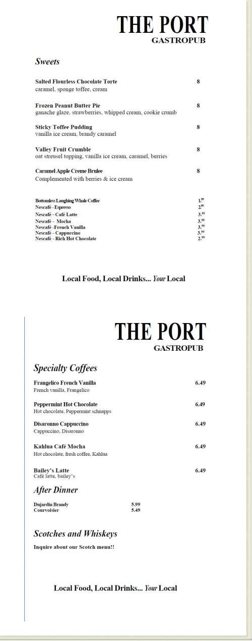 The Port Pub And Bistro menu in Port Williams, Nova Scotia, Canada