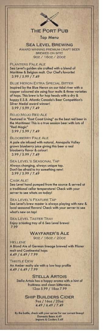 The Port Pub And Bistro menu in Port Williams, Nova Scotia, Canada