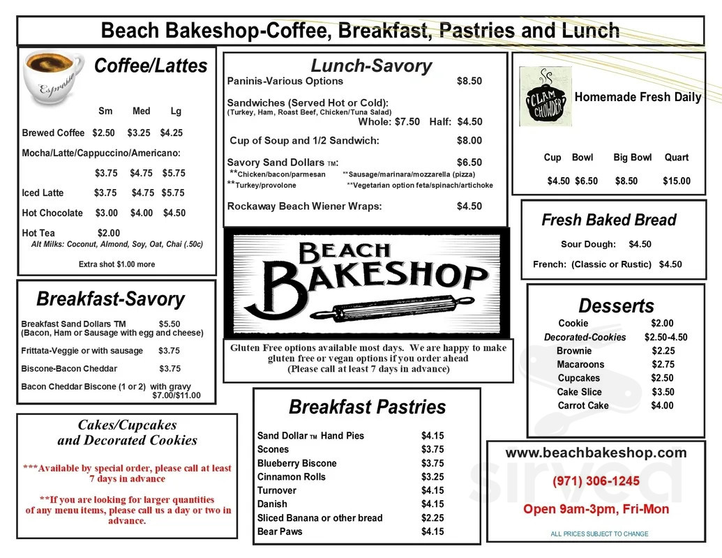 Menu - Rockaway Beach OR's Beach Bakeshop | Sirved