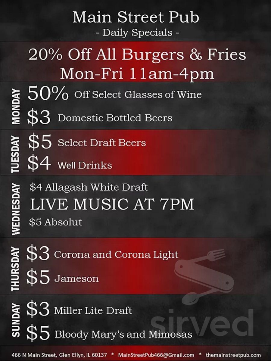 Main Street Pub menu in Glen Ellyn, Illinois, USA