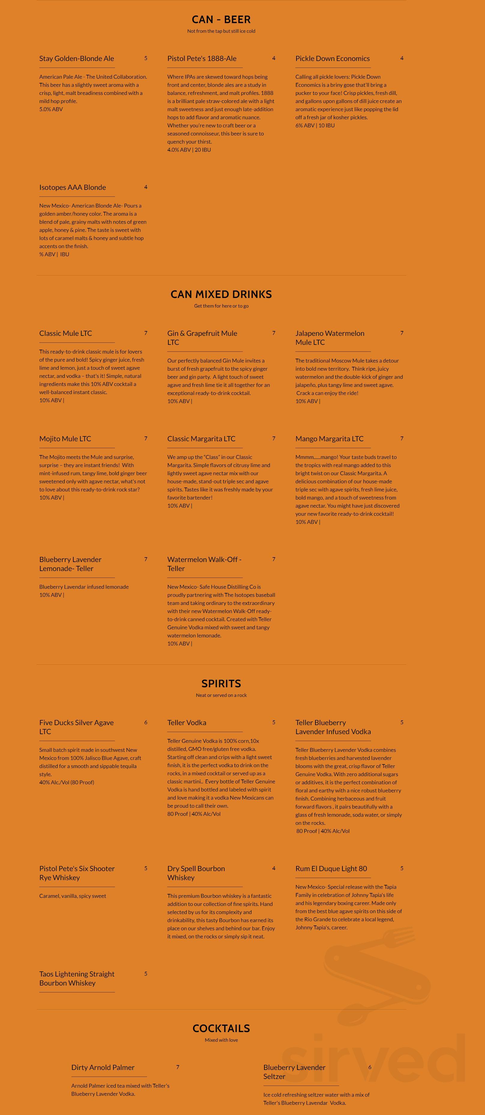 The Happy Camper Clubhouse menu in Deming, New Mexico, USA