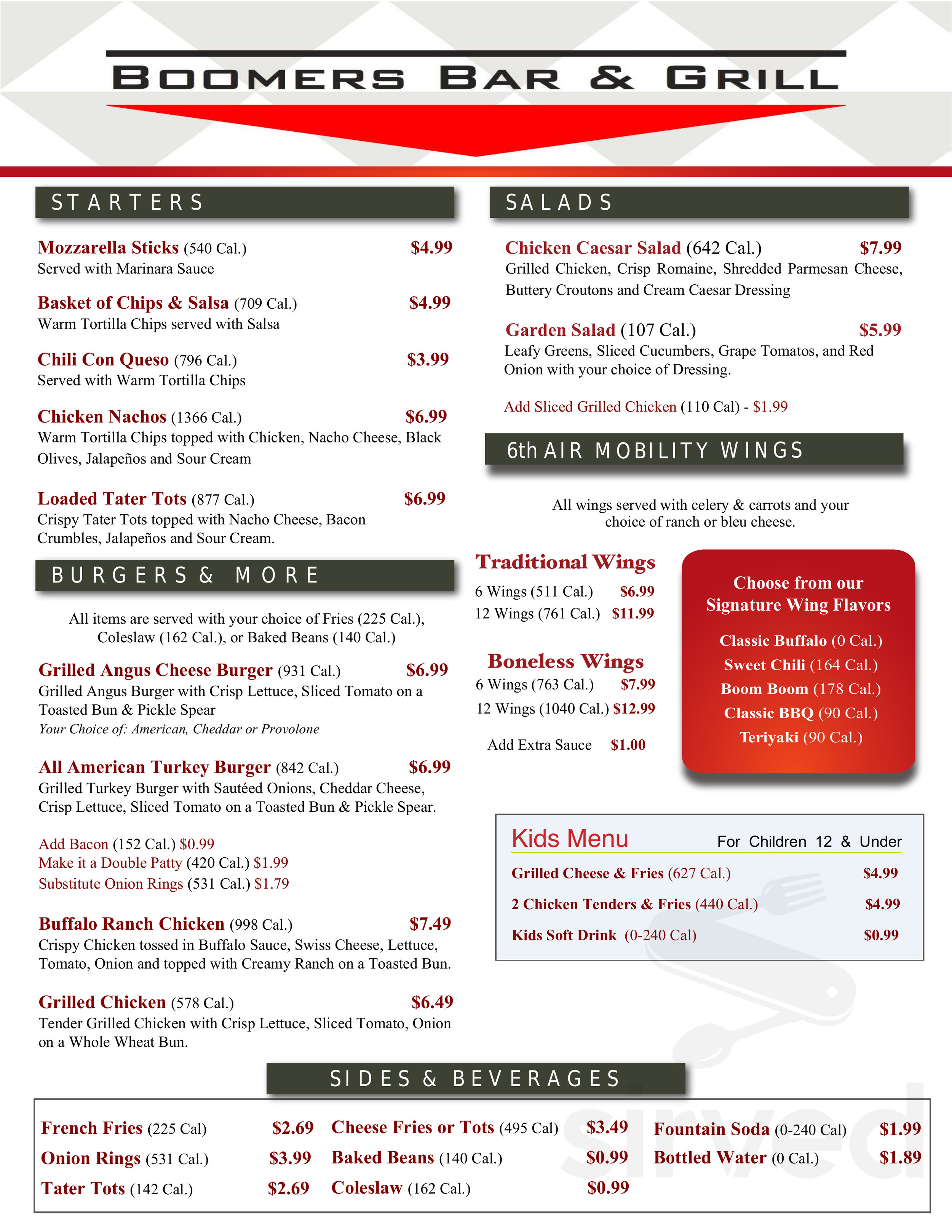 Menu for Boomers Bar and Grill in Tampa, FL | Sirved