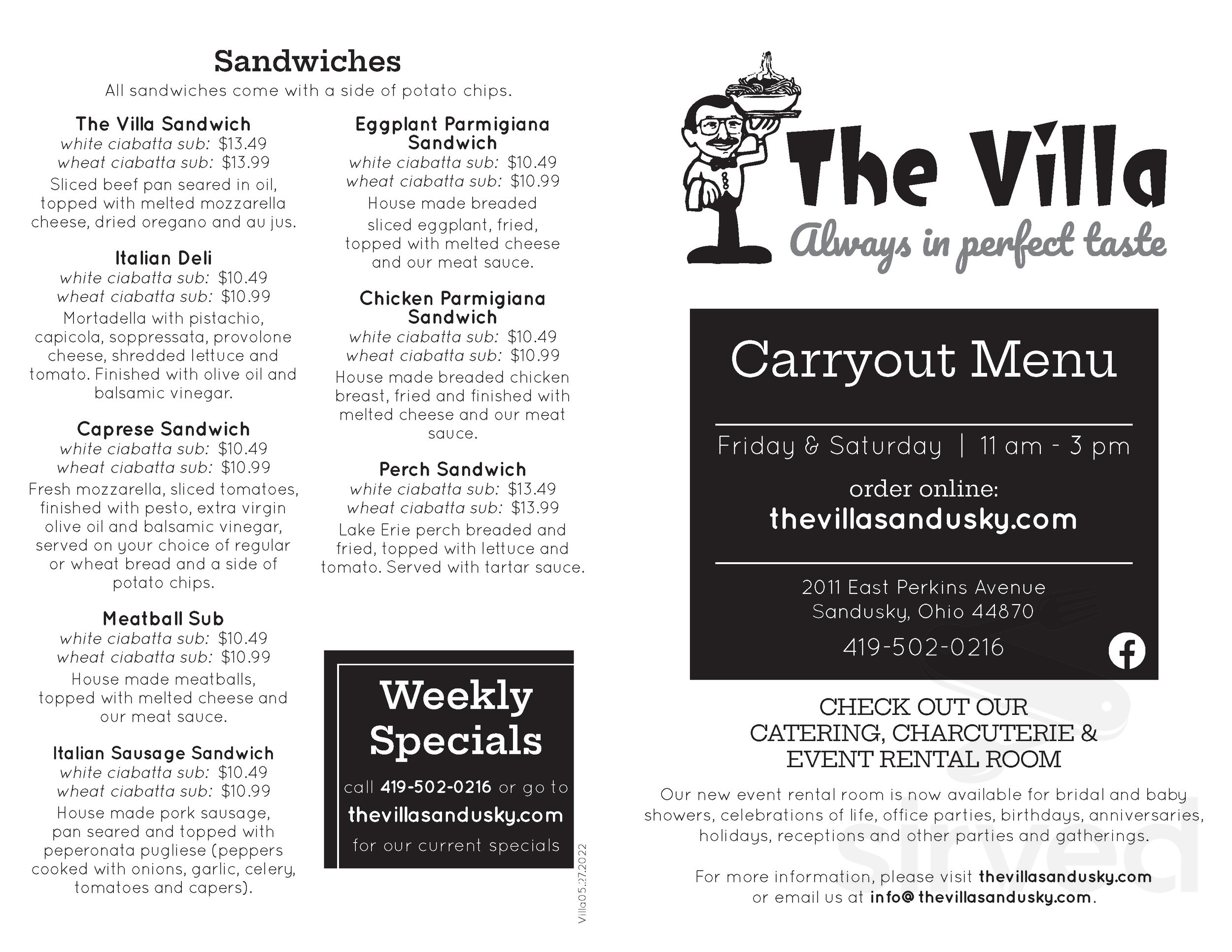 The Villa menu in Sandusky, Ohio, USA