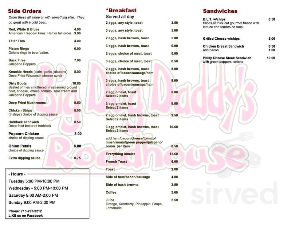 Big Dog Daddy's Roadhouse menu in Bay City, Wisconsin, USA
