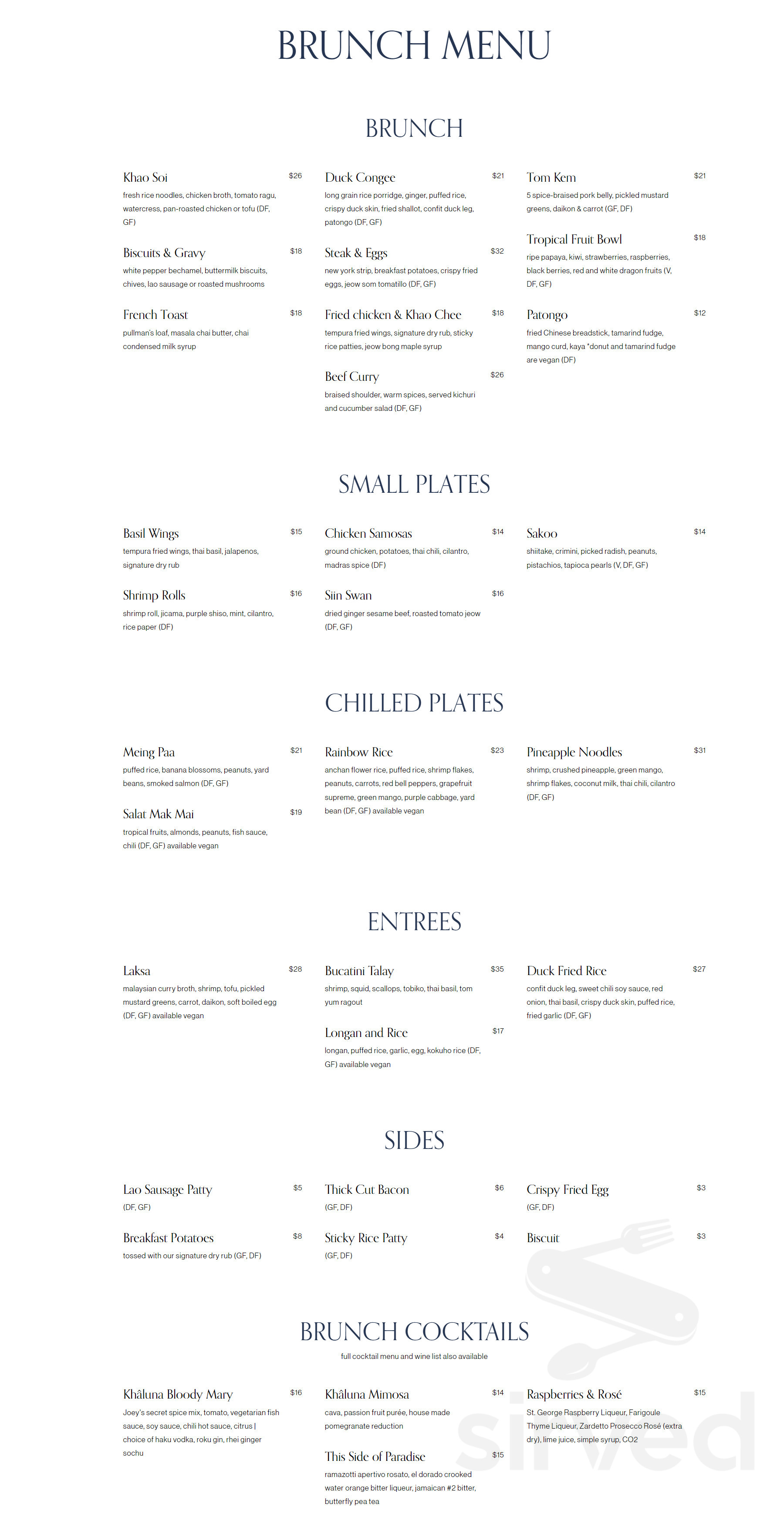 Khâluna menu in Minneapolis, Minnesota, USA