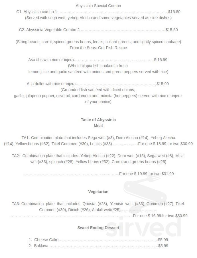 Abyssinia menus in Indianapolis, Indiana, United States