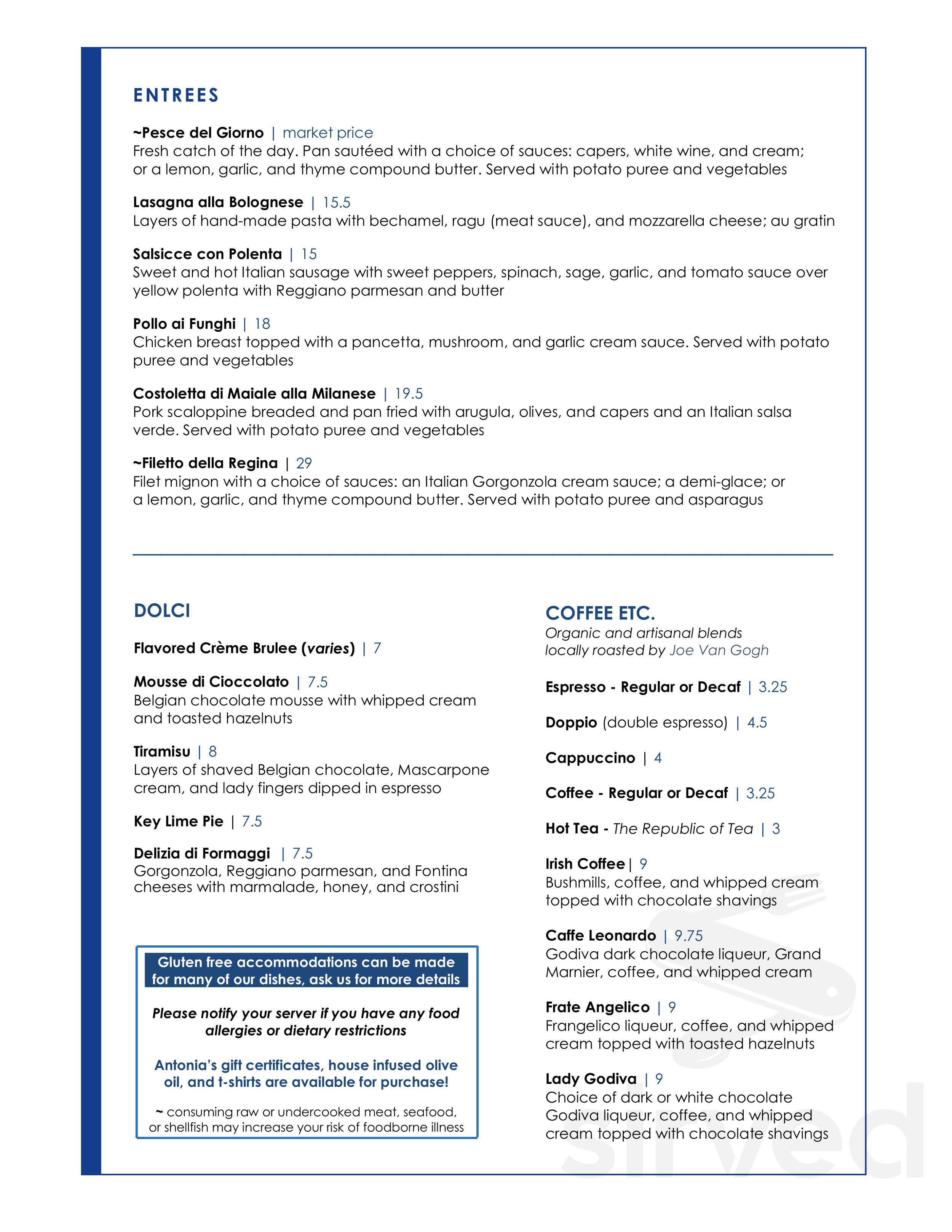 Antonia's Restaurant menu in Hillsborough, North Carolina, USA