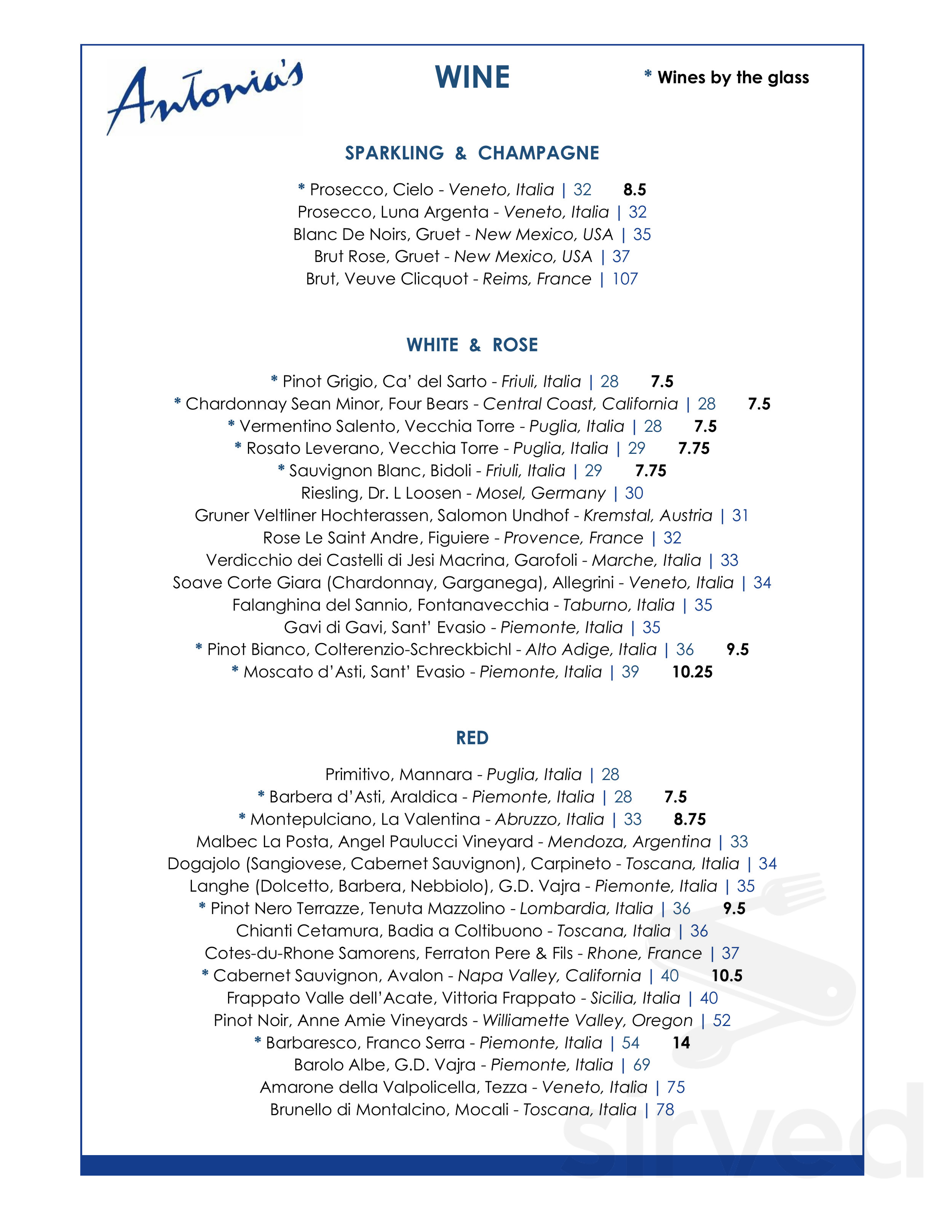 Antonia's Restaurant menu in Hillsborough, North Carolina, USA