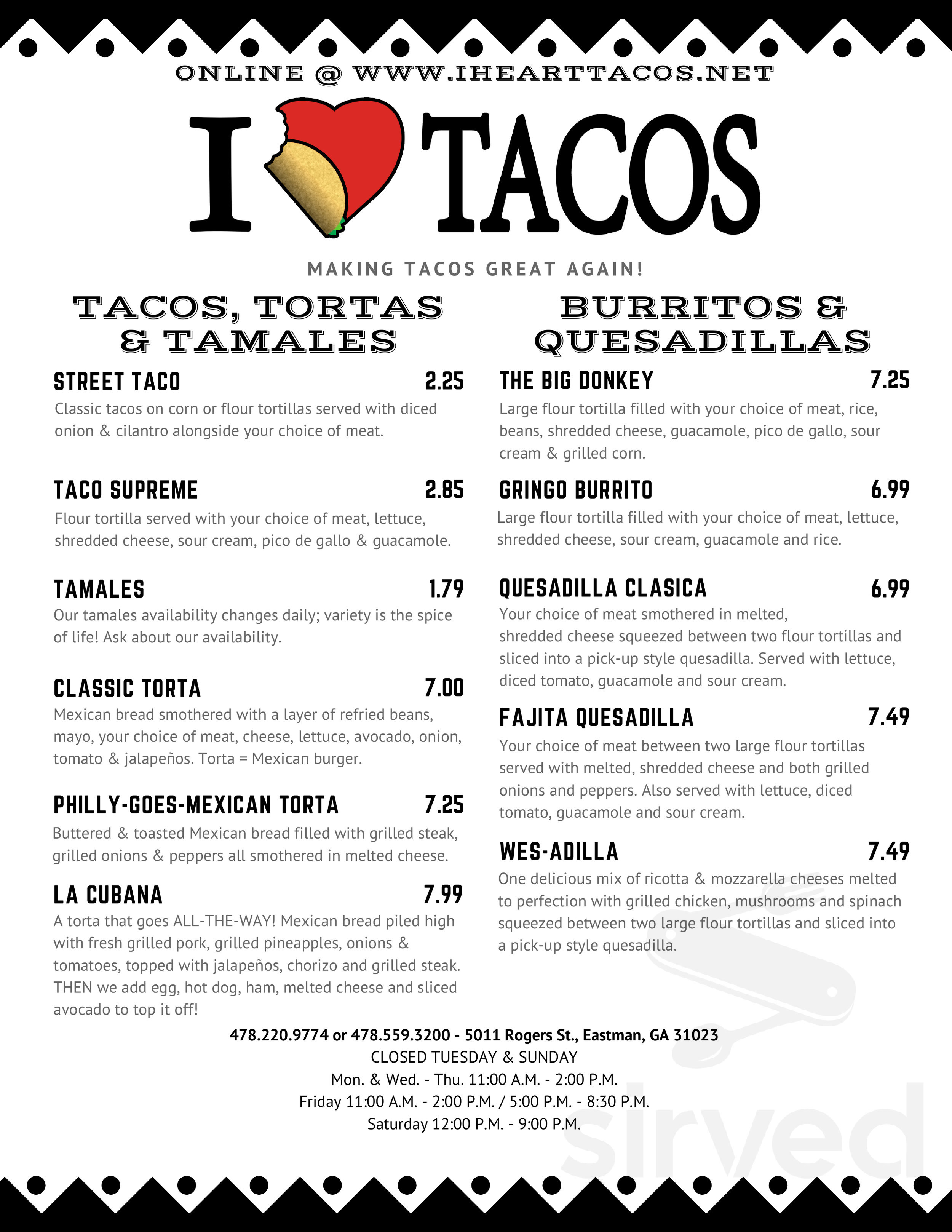 Menu for I Heart Tacos in Eastman, GA | Sirved