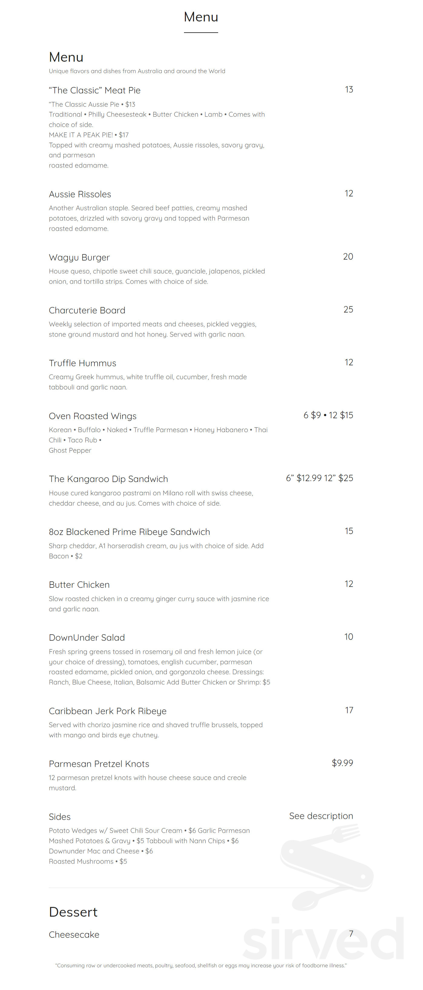 Downunder menu in Tupelo, Mississippi, USA