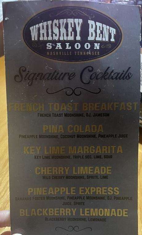 Whiskey Bent Saloon menu in Nashville, Tennessee, USA