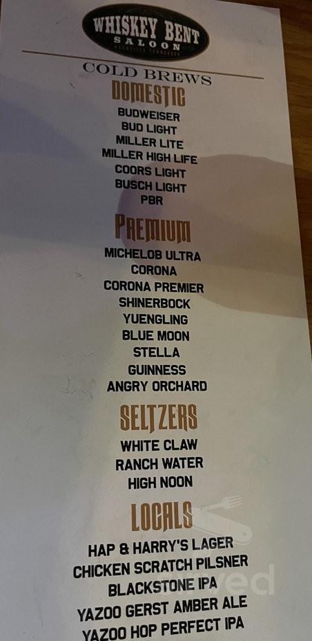 Whiskey Bent Saloon menu in Nashville, Tennessee, USA