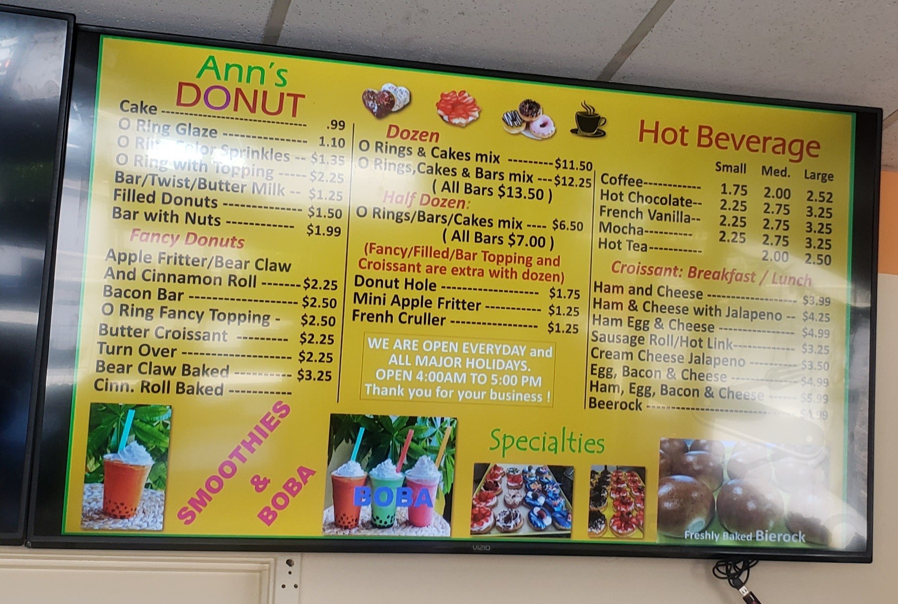Ann's Donuts menu in Selma, California, USA